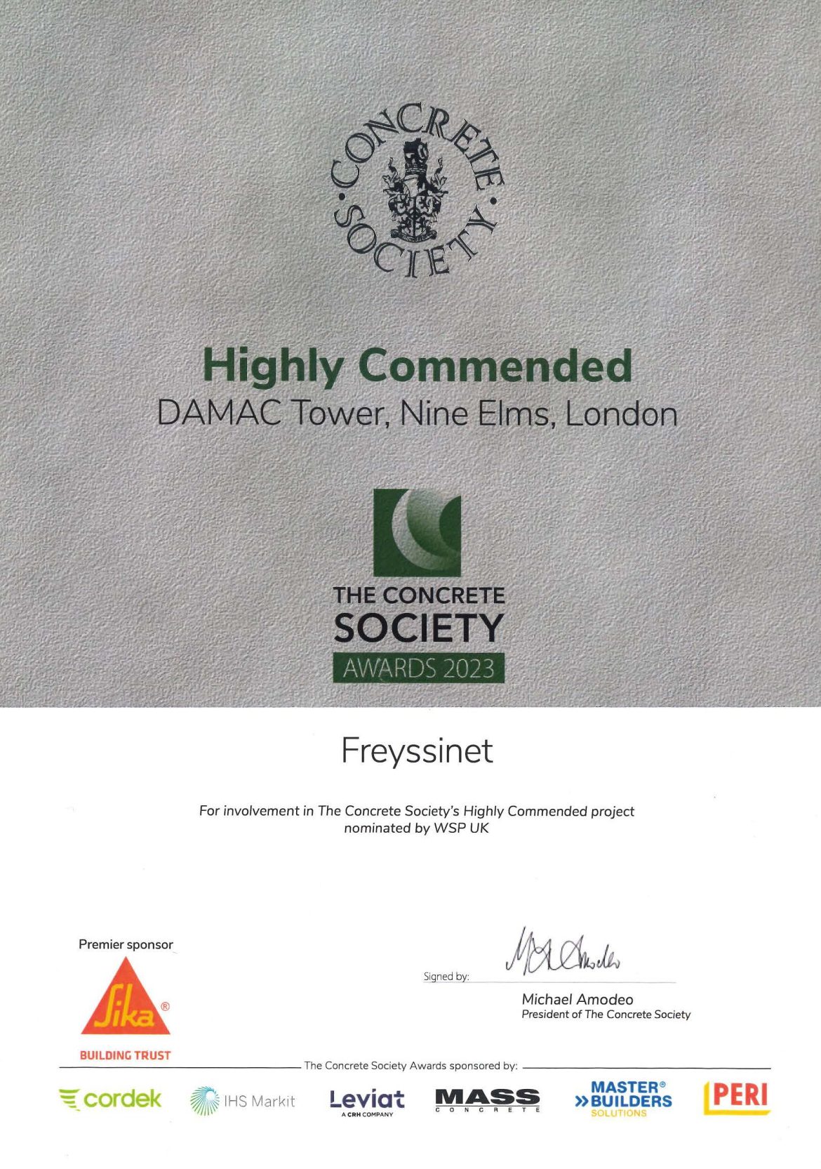 DAMAC Tower highly commended at Concrete Society Awards - FreyssinetUK